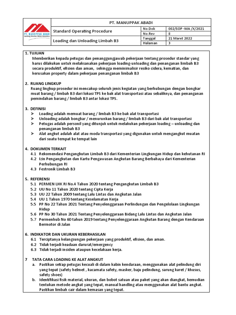 Sop Loading Unloading | PDF