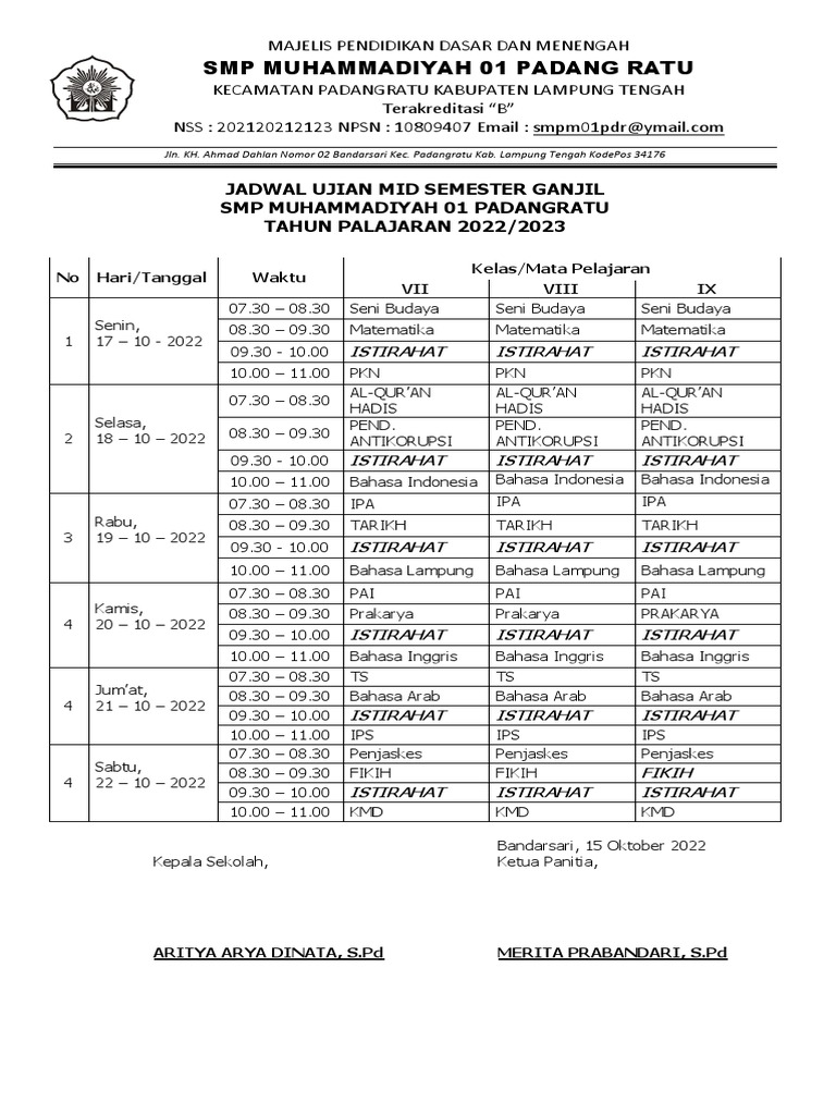 Jadwal Mid Semester Ganjil 2022. | PDF