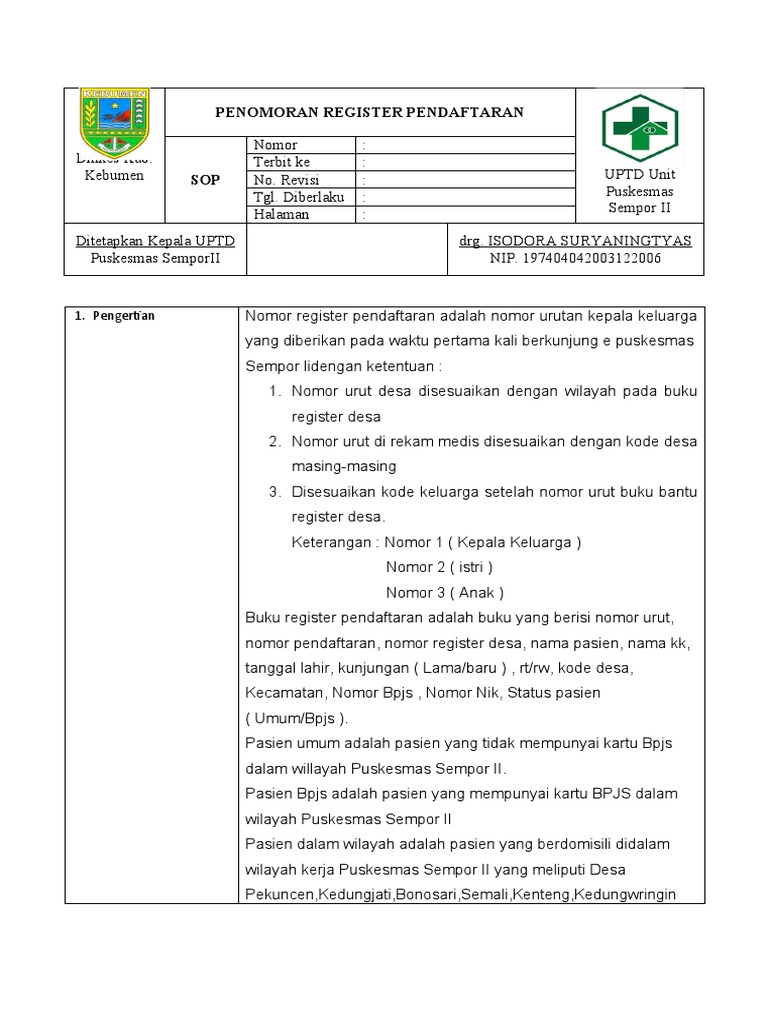 SOP Penomoran Register Pendaftaran Puskesmas | PDF