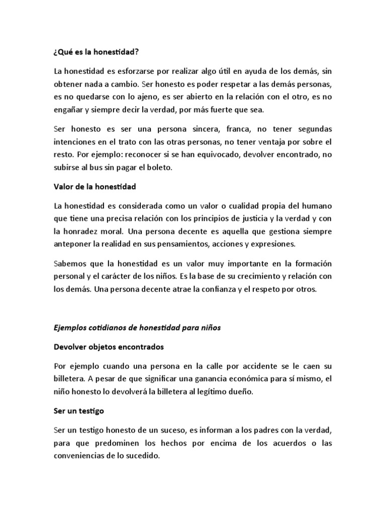 La Honestidad: Valor y Ejemplos para Niños | PDF | Verdad