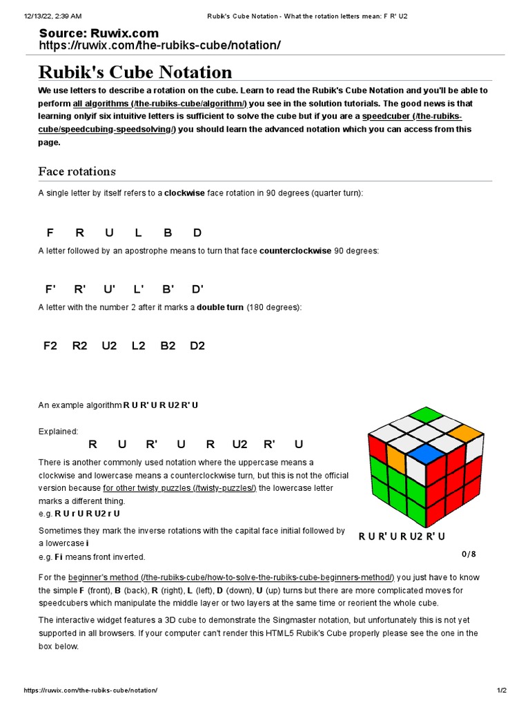 Rubik's Cube Notation - What The Rotation Letters Mean - F R' U2 | PDF ...
