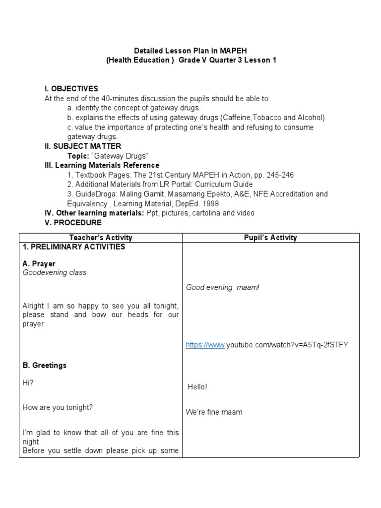 Gateway Drugs: Health Lesson Plan for Grade 5 | PDF | Caffeine | Drugs
