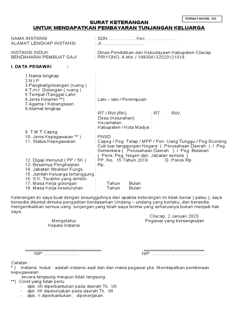 Format Model DK Guru Dan Penjaga SD 2023 | PDF