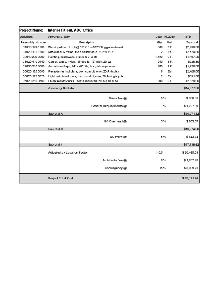 Assembly Sample Estimate 2020WEB 2 | PDF | Materials | Building Engineering