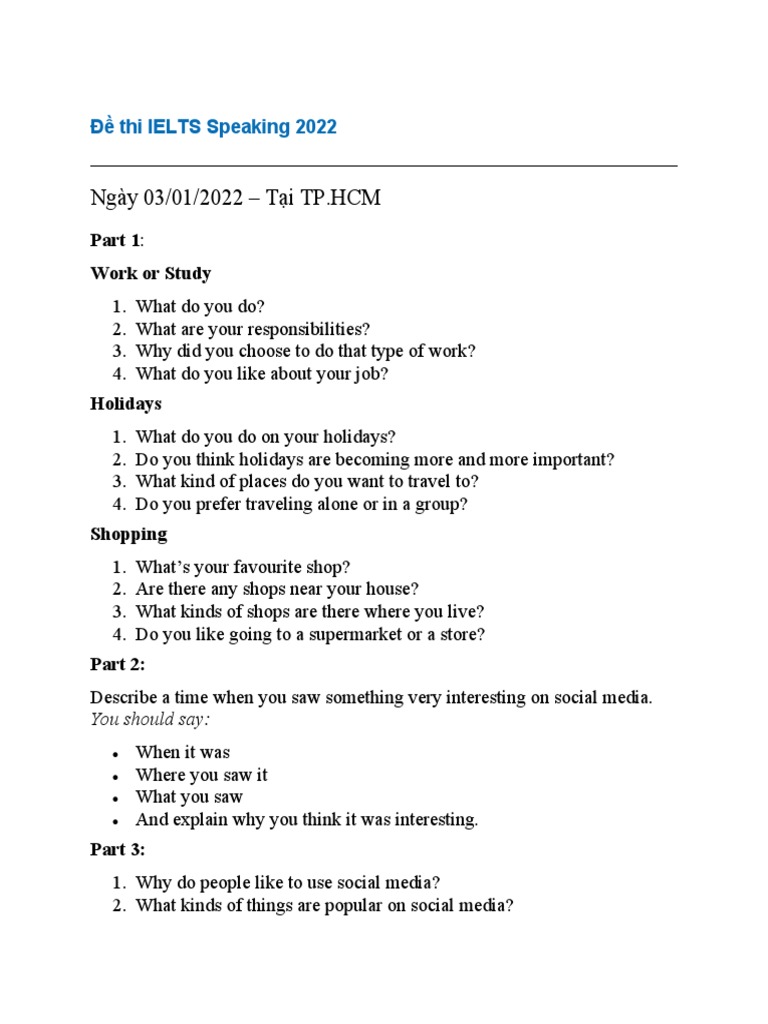 Đề thi IELTS Speaking 2022 | PDF