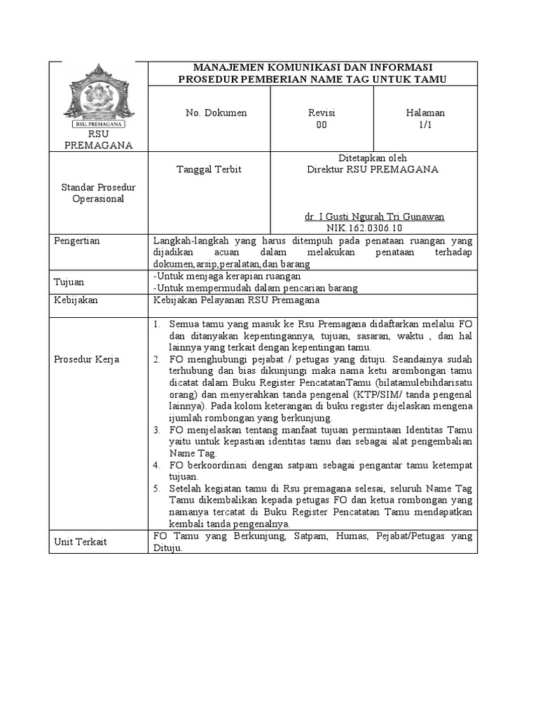 Spo Prosedur Oemberian Name Tag Tamu | PDF