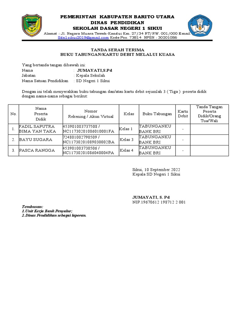 Format Laporan Serah Terima Butab-Debit SD DAN SMP | PDF