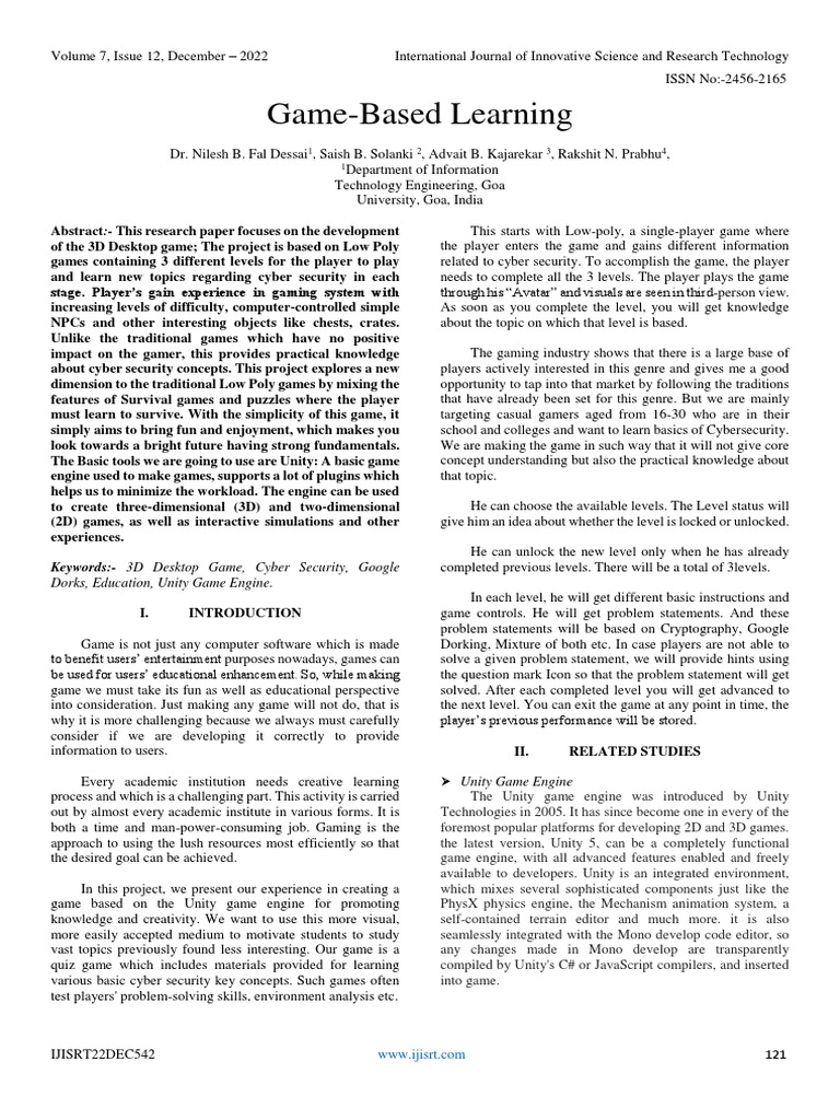 Game Based Learning | PDF | Unity (Game Engine) | Software