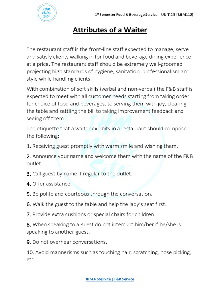 UNIT 2.5 - Attributes of A Waiter | PDF