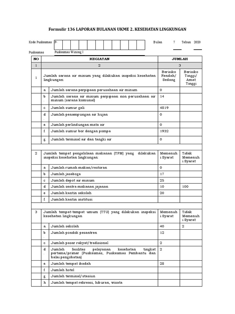 Pelaporan SIP Kesling BLN 7 8 9 2020 - Kesling | PDF