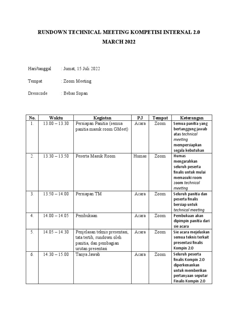 Rundown Technical Meeting Kompin 2.0 | PDF