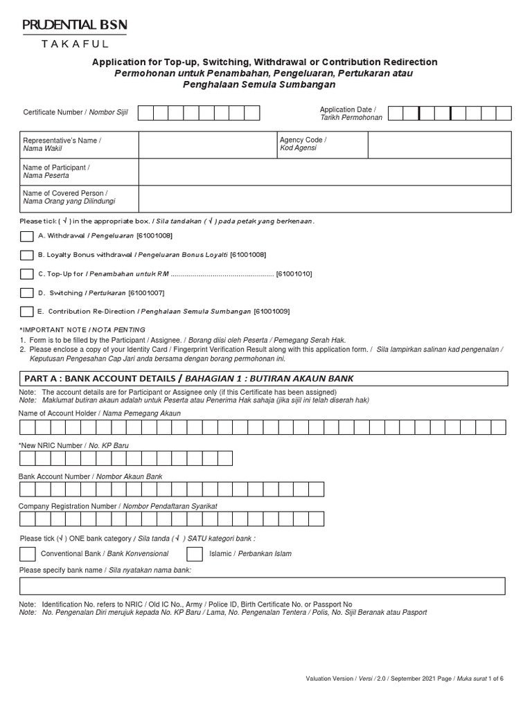 PruBSN Application Form for Financial Changes | PDF | Identity Document | Indemnity
