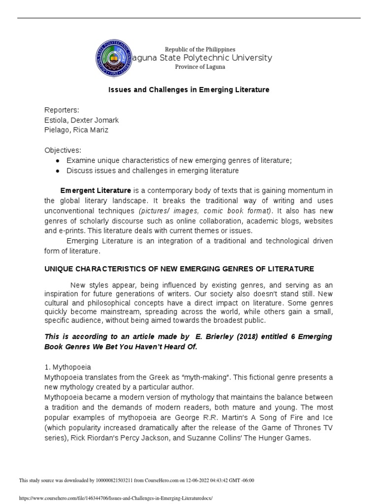Issues and Challenges in Emerging Literature | PDF | Mythopoeia | Writers