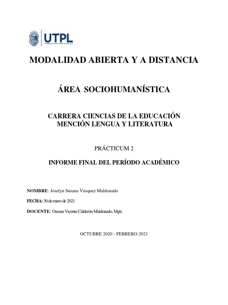 Vásquez Maldonado Joselyn Susana Informe Final Prácticum 2 ECTS Oc 2020 Febre 2021 | PDF ...