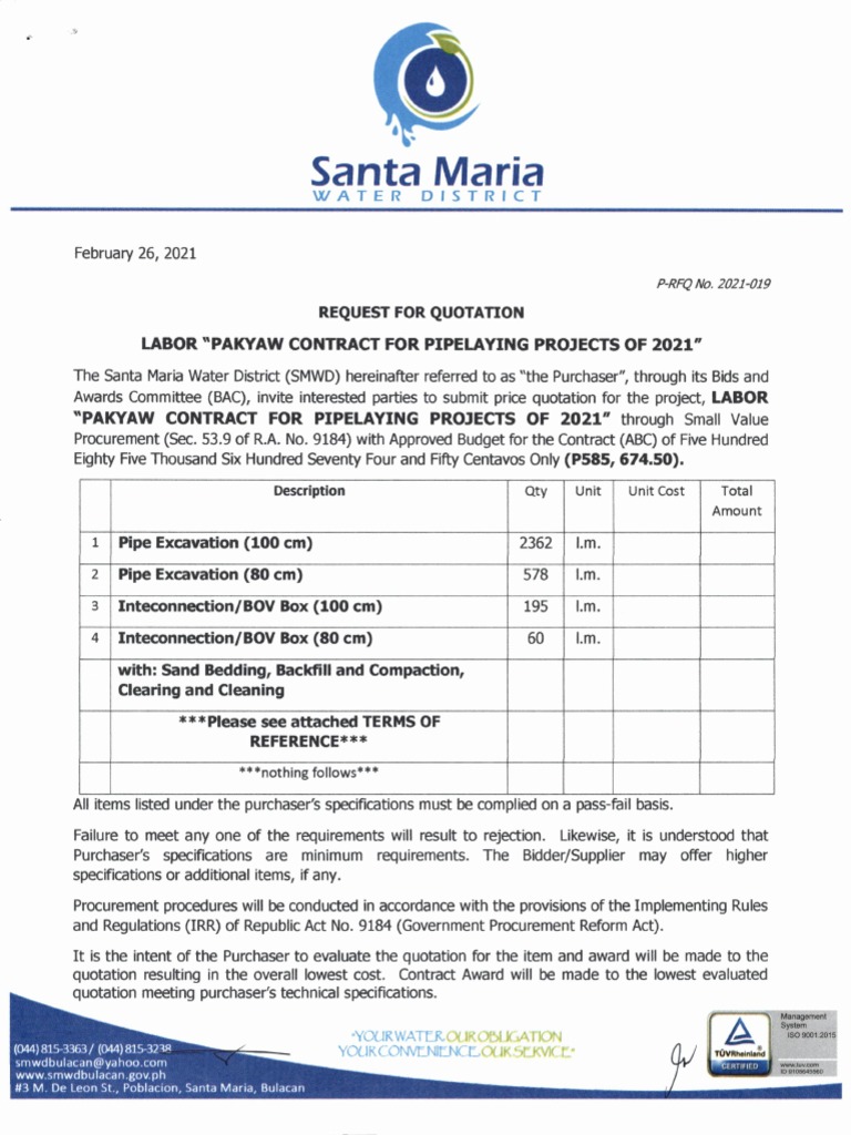 P RFQ No. 2021 019 LABOR "PAKYAW CONTRACT FOR PIPELAYING PROJECTS OF ...