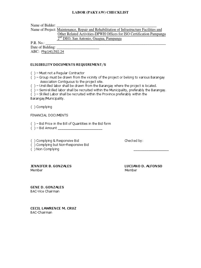 Sample Labor Pakyaw Checklist | PDF | Business
