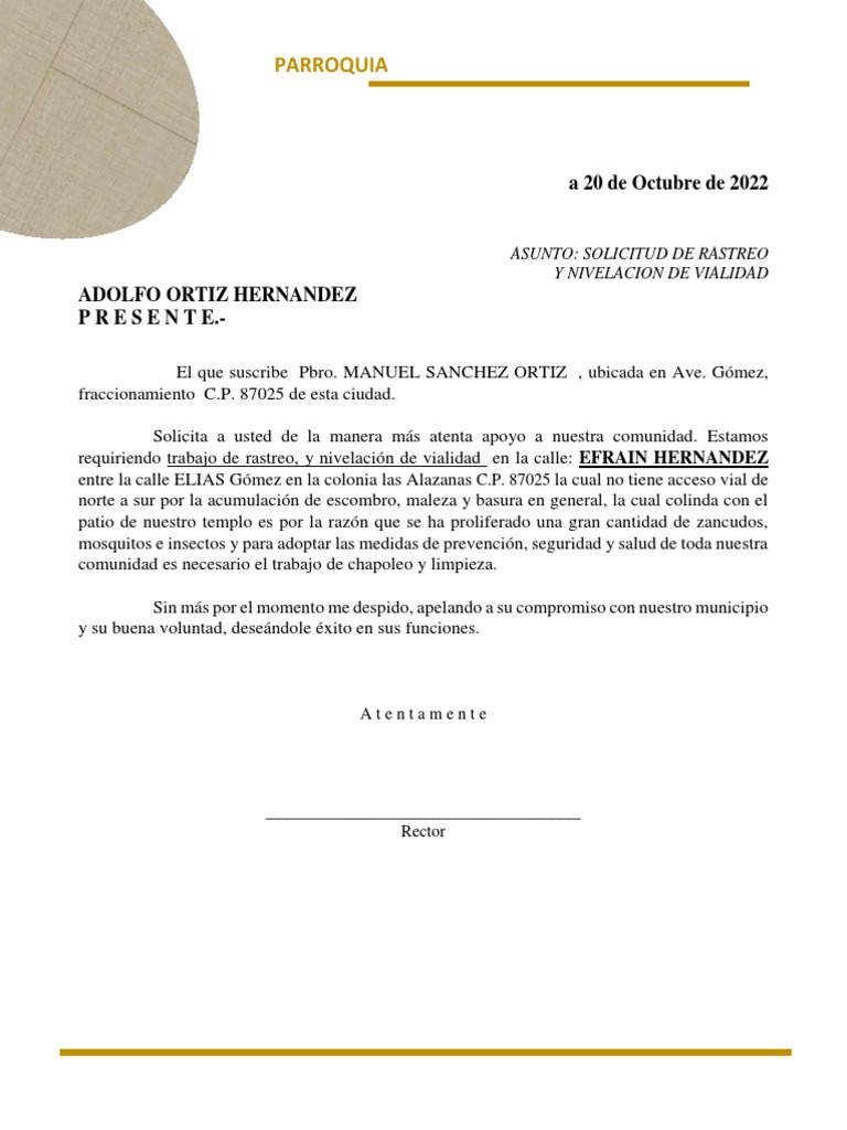 Oficio Solicitando Rastreo y Nivelacion de Vialidad | PDF Oficio Solicitando Rastreo y Nivelacion de Vialidad | PDF