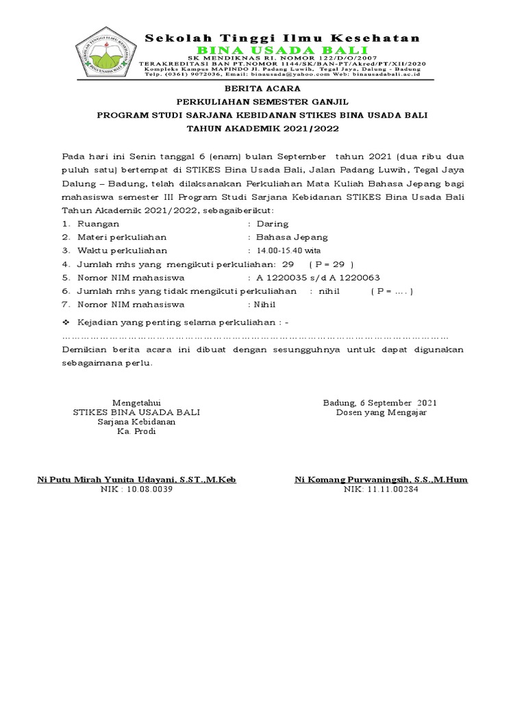 Berita Acara Perkuliahan Semester Ganjil Program Studi Sarjana Kebidanan Stikes Bina Usada Bali ...
