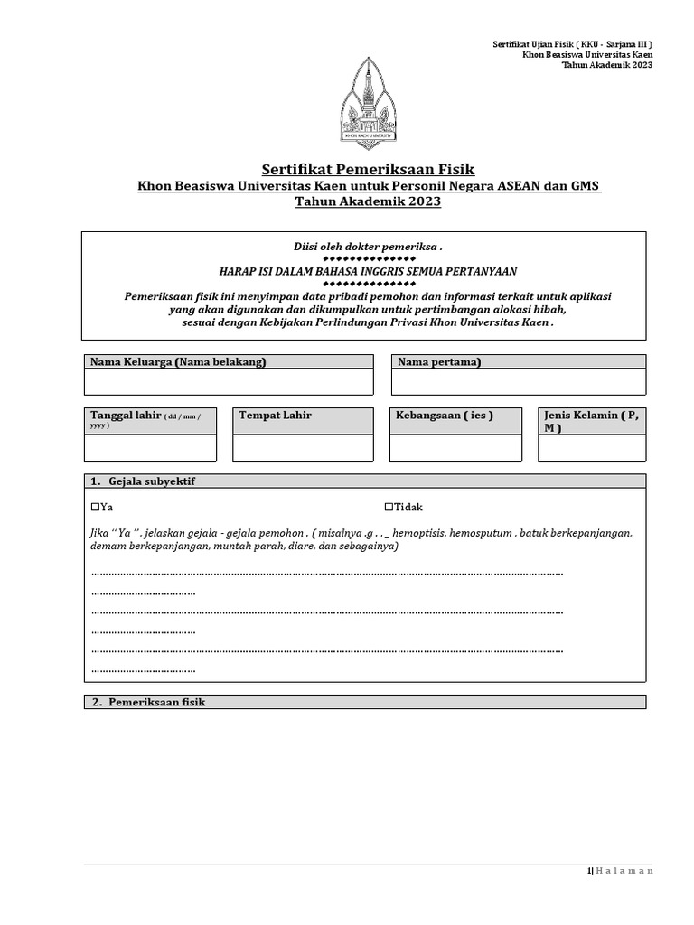 Bahasa Indonesia KKU Scholar III Physical Examination Certificate 2023 | PDF