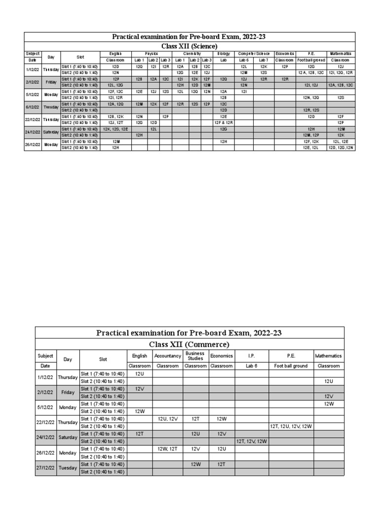 Preboard Practical Schedule Class 12 2022 23 | PDF | Science