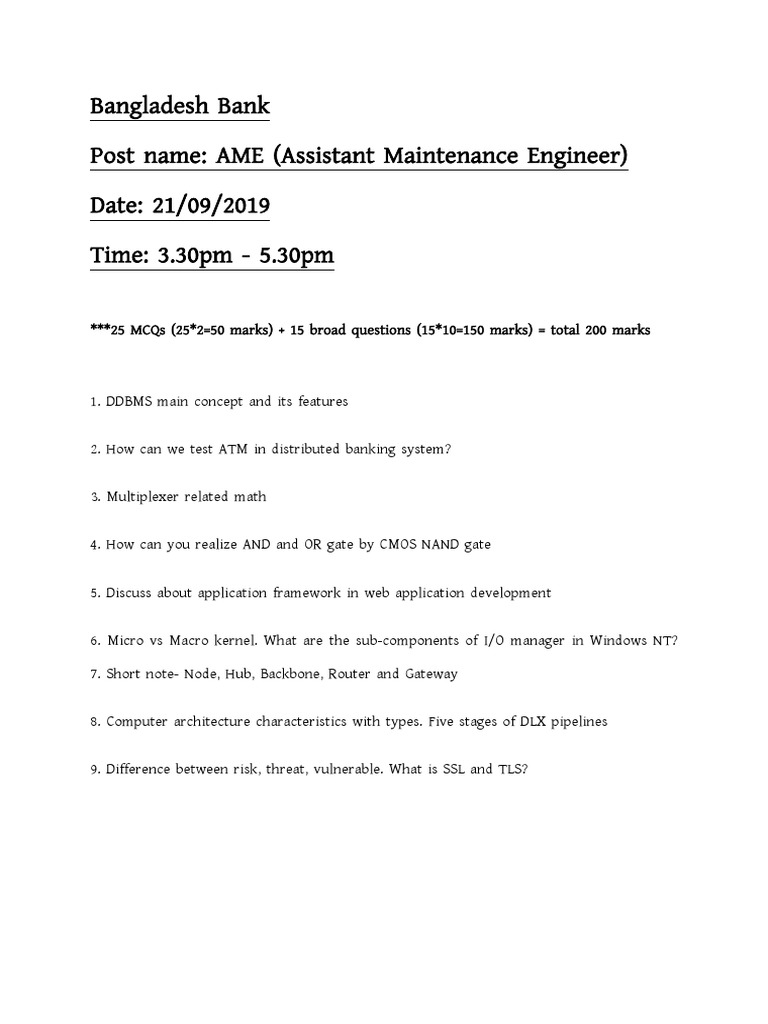 Bangladesh Bank AME (Assistant Maintenance Engineer) | PDF | Computers