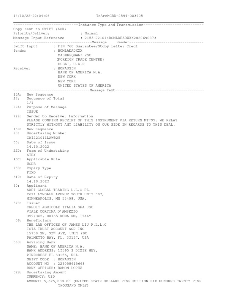 Transmitted Copy-sblc$5.625m-Cai221011law525 Ack | PDF | Letter Of ...
