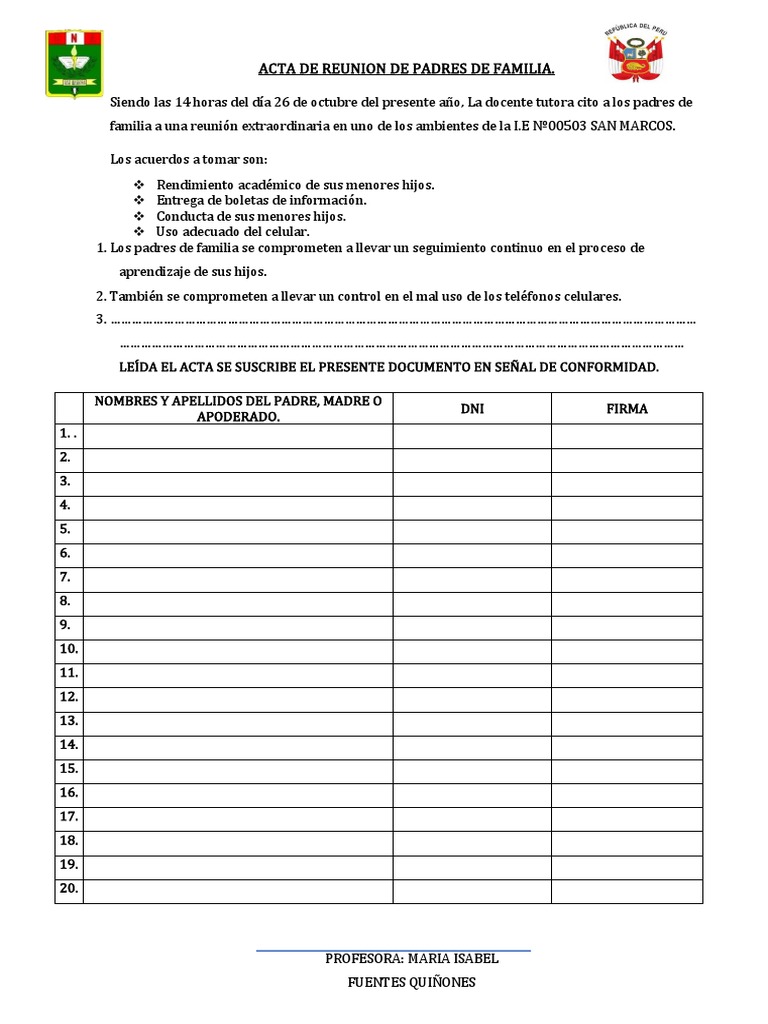 Acta de Reunion de Padres de Familia | PDF