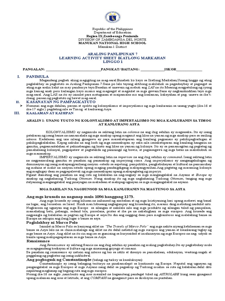 Araling Panlipunan 7 Learning Activity Sheet Ikatlong Markahan Linggo 1 | PDF