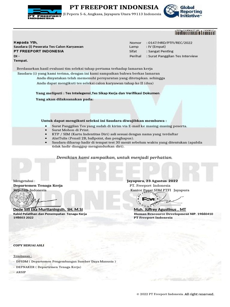 Surat Resmi PT. Freeport McMoRan Copper Gold Jayapura. | PDF