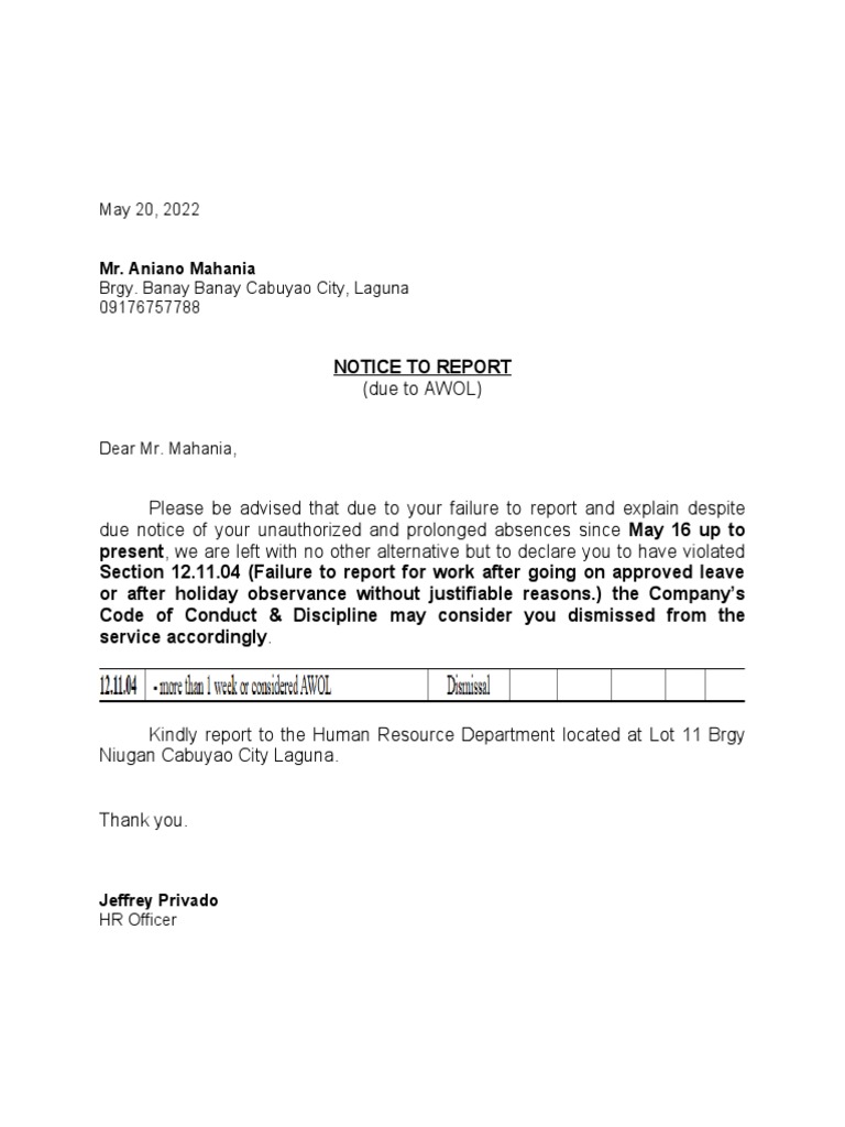 GL - Awol Letter | PDF