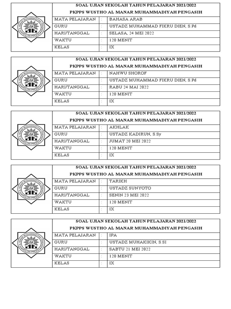 Sampul Soal Ujian Sekolah 2022 | PDF