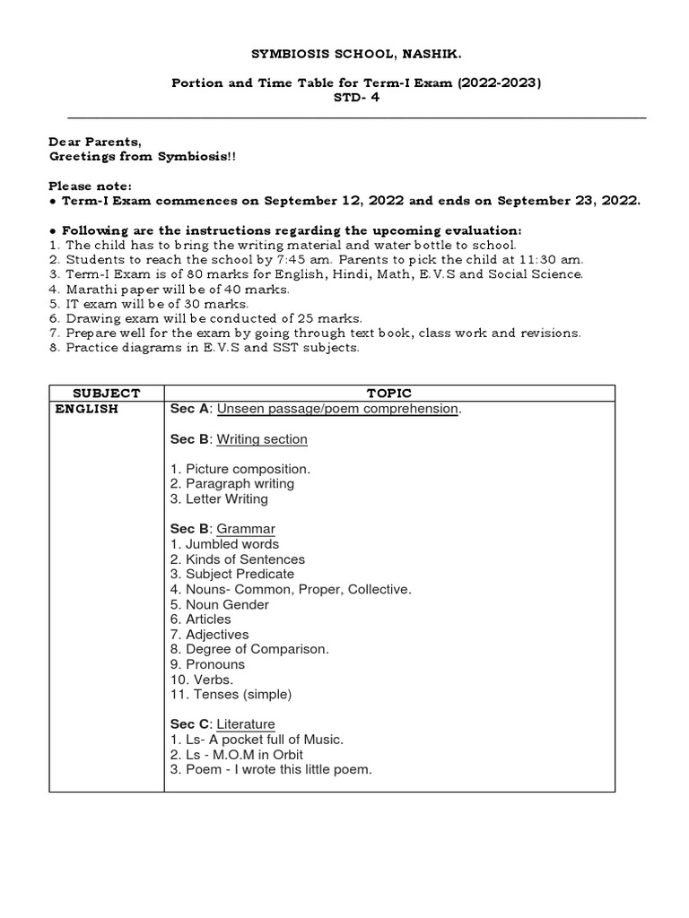 Std-4-Portion & Time table of TERM-I Exam (1) | PDF | Subject (Grammar) | English Language