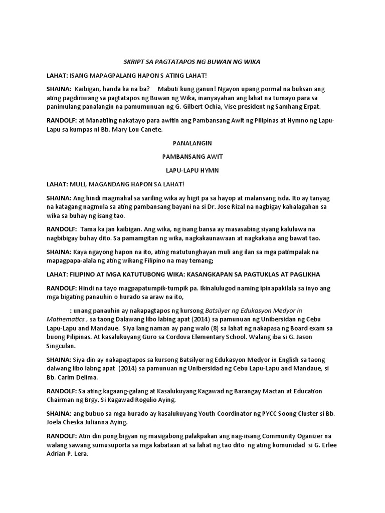 Skript Sa Pagtatapos NG Buwan NG Wika | PDF