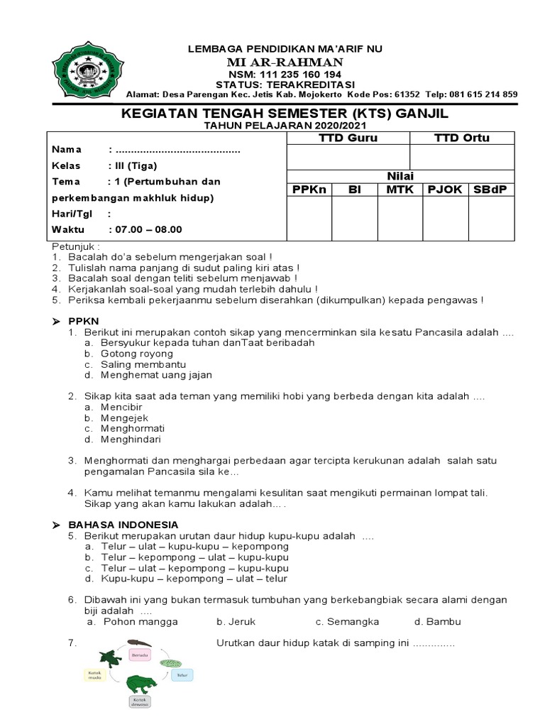 KTS Tema 1 Kelas 3 (Ganjil) | PDF
