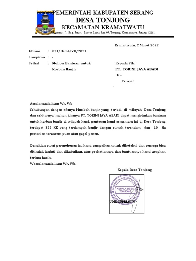 Permohonan Bantuan Banjir Desa Tonjong | PDF