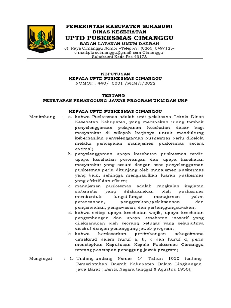 1.2.1.2 SK Kepala Puskesmas (PENETAPAN PENANGGUNG JAWAB PROGRAM UKM DAN UKP) PKM Cimanggu 2022 | PDF