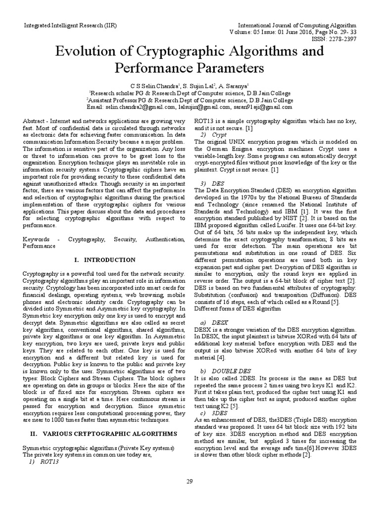 Evolution Of Cryptographic Algorithms And Performance Parameters Pdf Cryptography Encryption