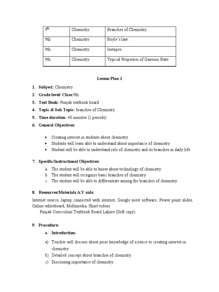 9th Chemistry Lesson Plan | PDF | Pressure | Gases