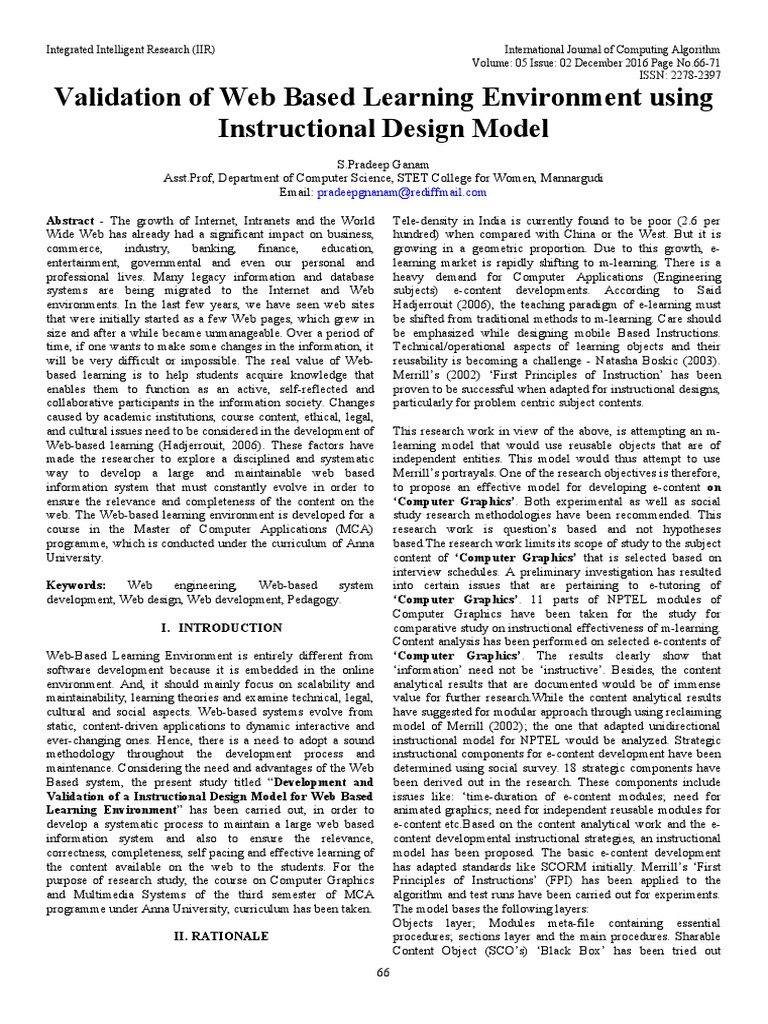 Validation Of Web Based Learning Environment Using Instructional Design Model Download Free