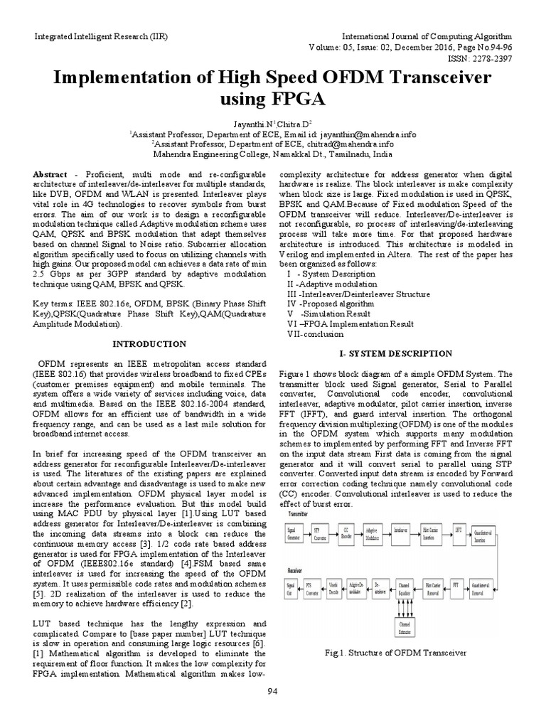 Implementation Of High Speed Ofdm Transceiver Using Fpga Pdf Orthogonal Frequency Division