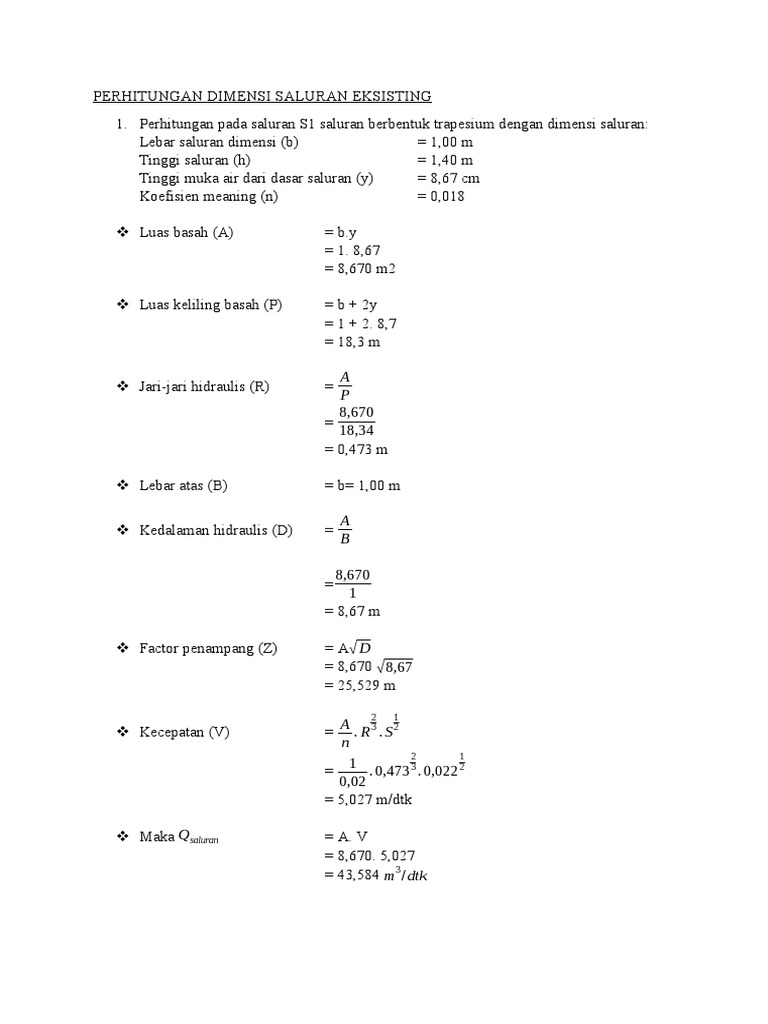 Perhitungan Dimensi Saluran Eksisting | PDF