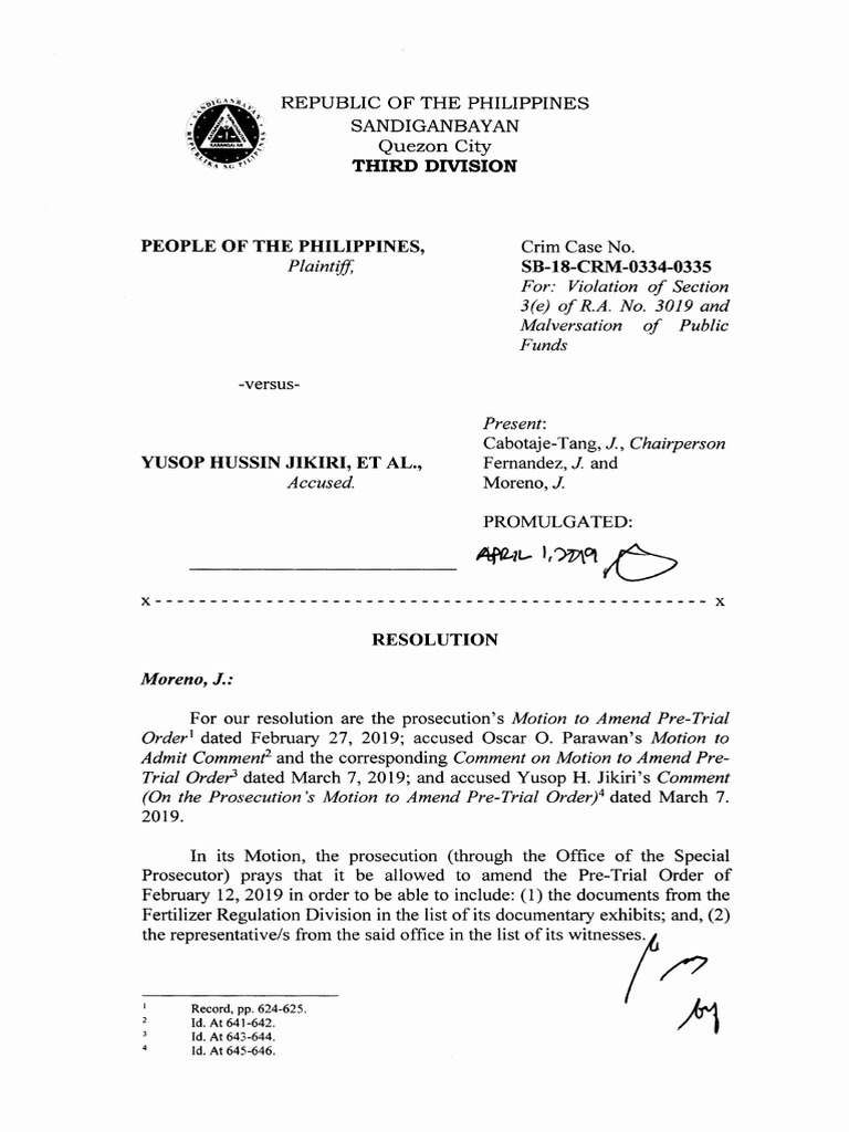 People vs. Jikiri, Et. Al. - Motion To Amend Pre-Trial Order. | PDF | Trials | Prosecutor