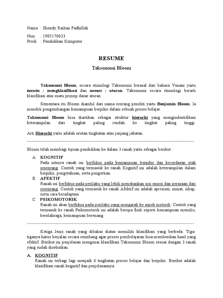 Resume Taksonomi Bloom | PDF