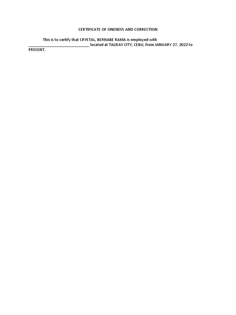 Certificate of Employment for CRYSTAL BERNABE RAMA from January 2022 to ...