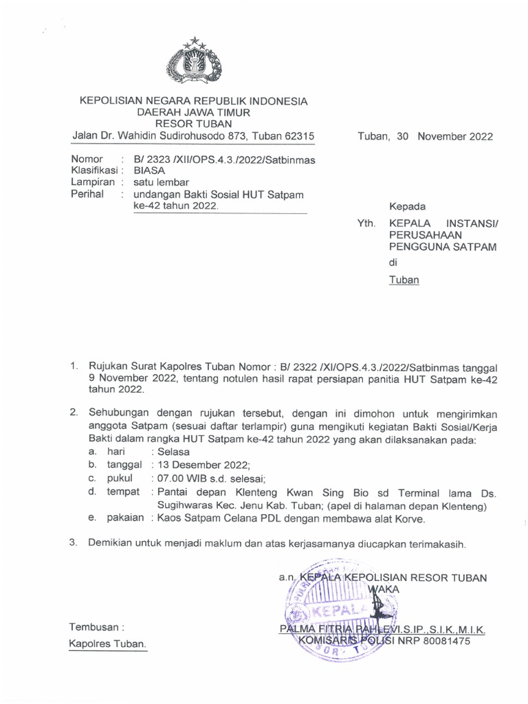 B-2323-XII-OPS.4.3-2022-Satbinmas - Undangan Bakti Sosial HUT Satpam Ke ... B-2323-XII-OPS.4.3-2022-Satbinmas - Undangan Bakti Sosial HUT Satpam Ke ...