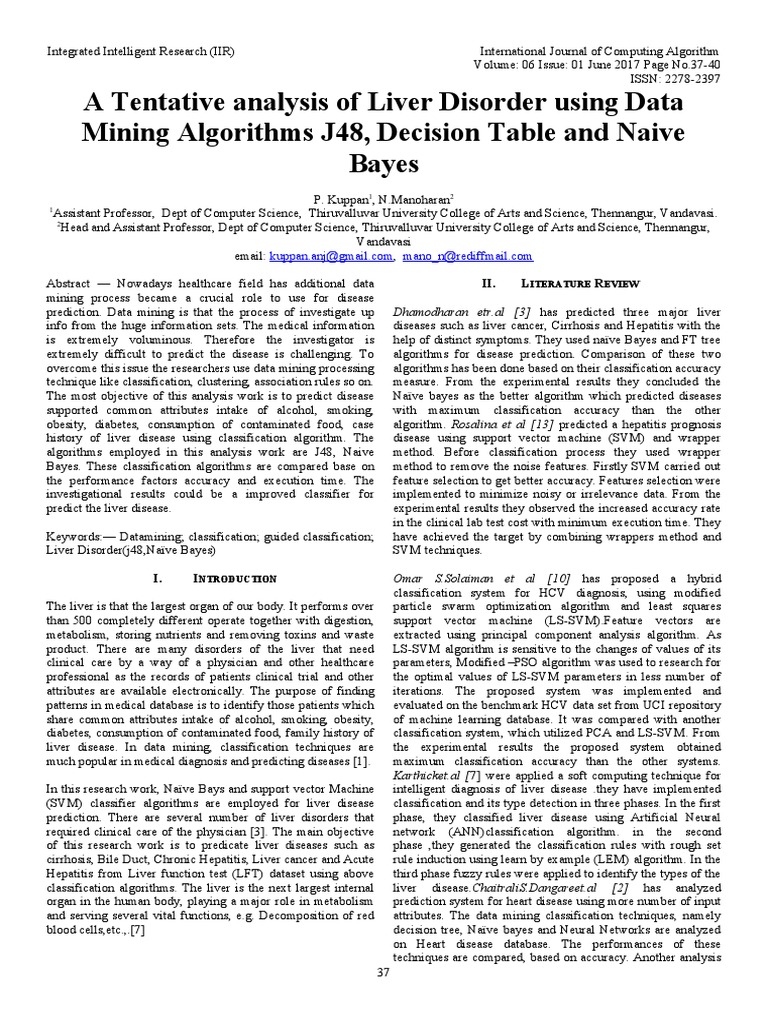 A Tentative Analysis of Liver Disorder Using Data Mining Algorithms J48, Decision Table and ...