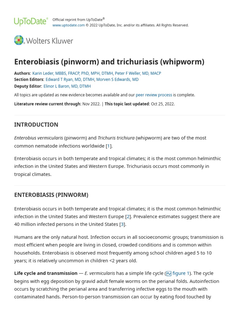 Enterobiasis (Pinworm) and Trichuriasis (Whipworm) - UpToDate | PDF | Clinical Medicine ...