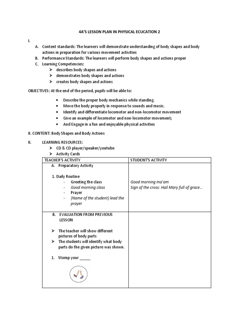 The 4a's Lesson Plan | PDF | Lesson Plan | Animal Locomotion