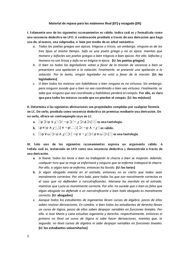 Material De Repaso Para Ef Y Er Pdf Lógica De Primer Orden Lima