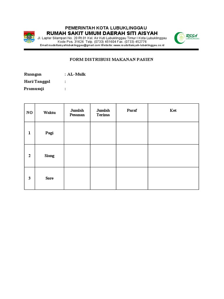 Form Distribusi Makanan Pasien RSUD Siti Aisyah | PDF